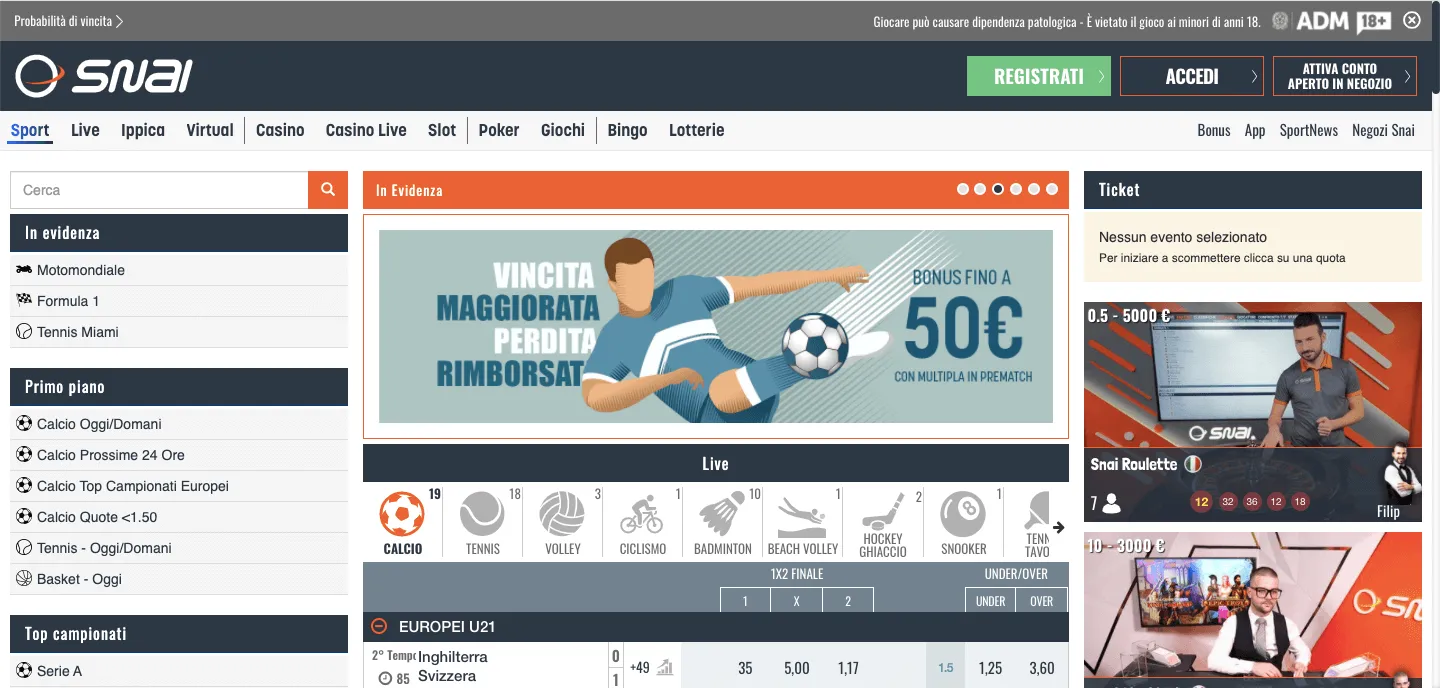 Snai » Miglior Bookmakers in Italia → Recensioni, Bonus e Quote